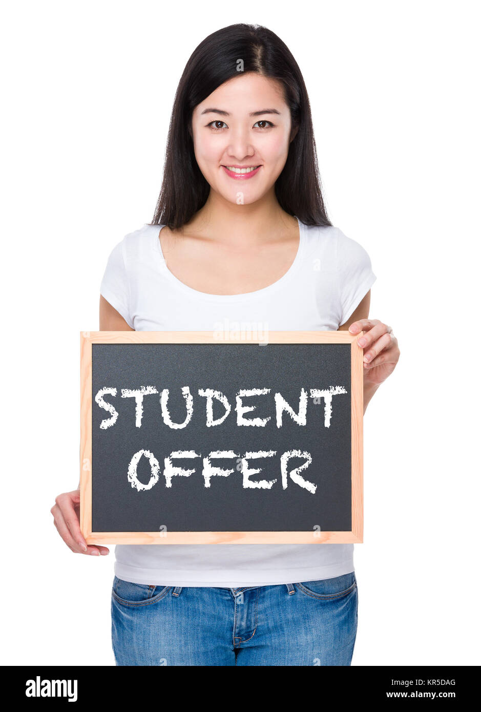 Student with chalkboard showing student offer Stock Photo - Alamy