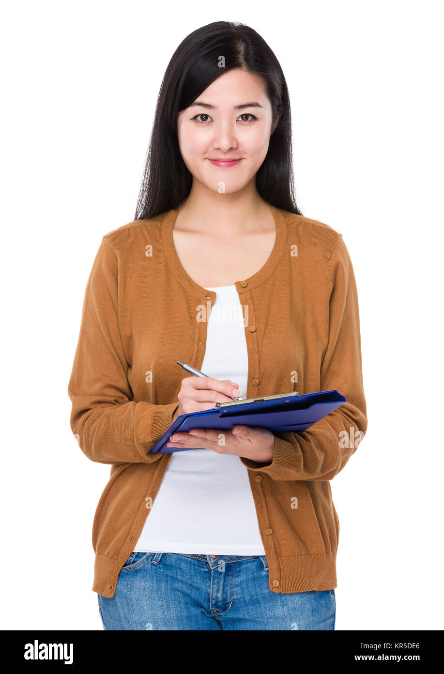 Asian woman take note on clipboard Stock Photo - Alamy