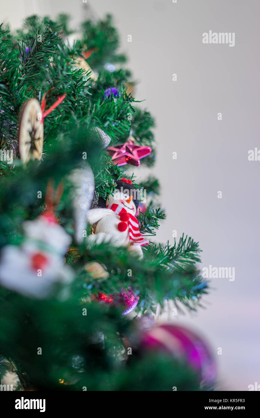view from below, looking up the side of a Christmas tree with focus on ...