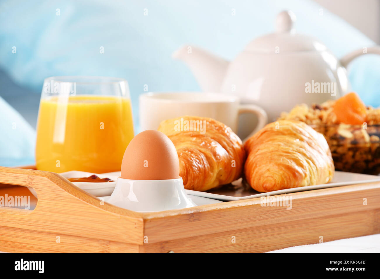 Breakfast on tray in bed in hotel room Stock Photo - Alamy