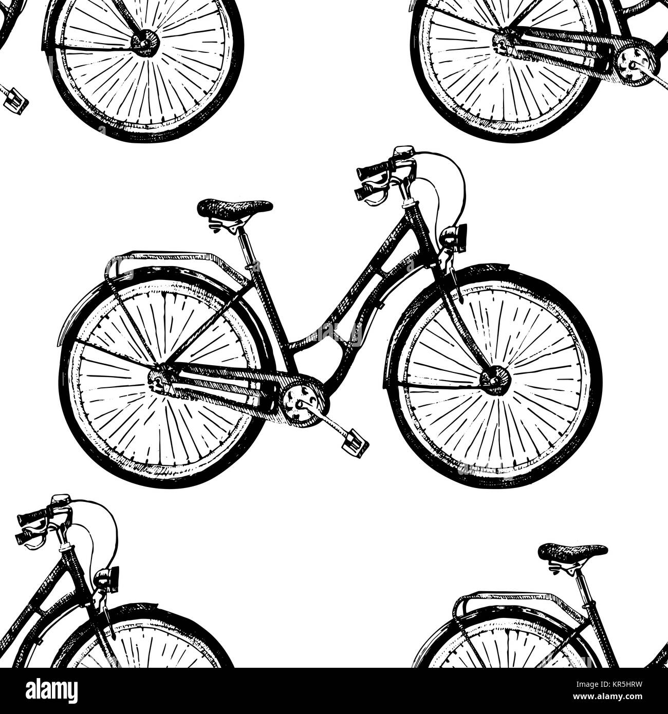 Seamless vector pattern with hand drawn bicycle. Sketch, ink ...
