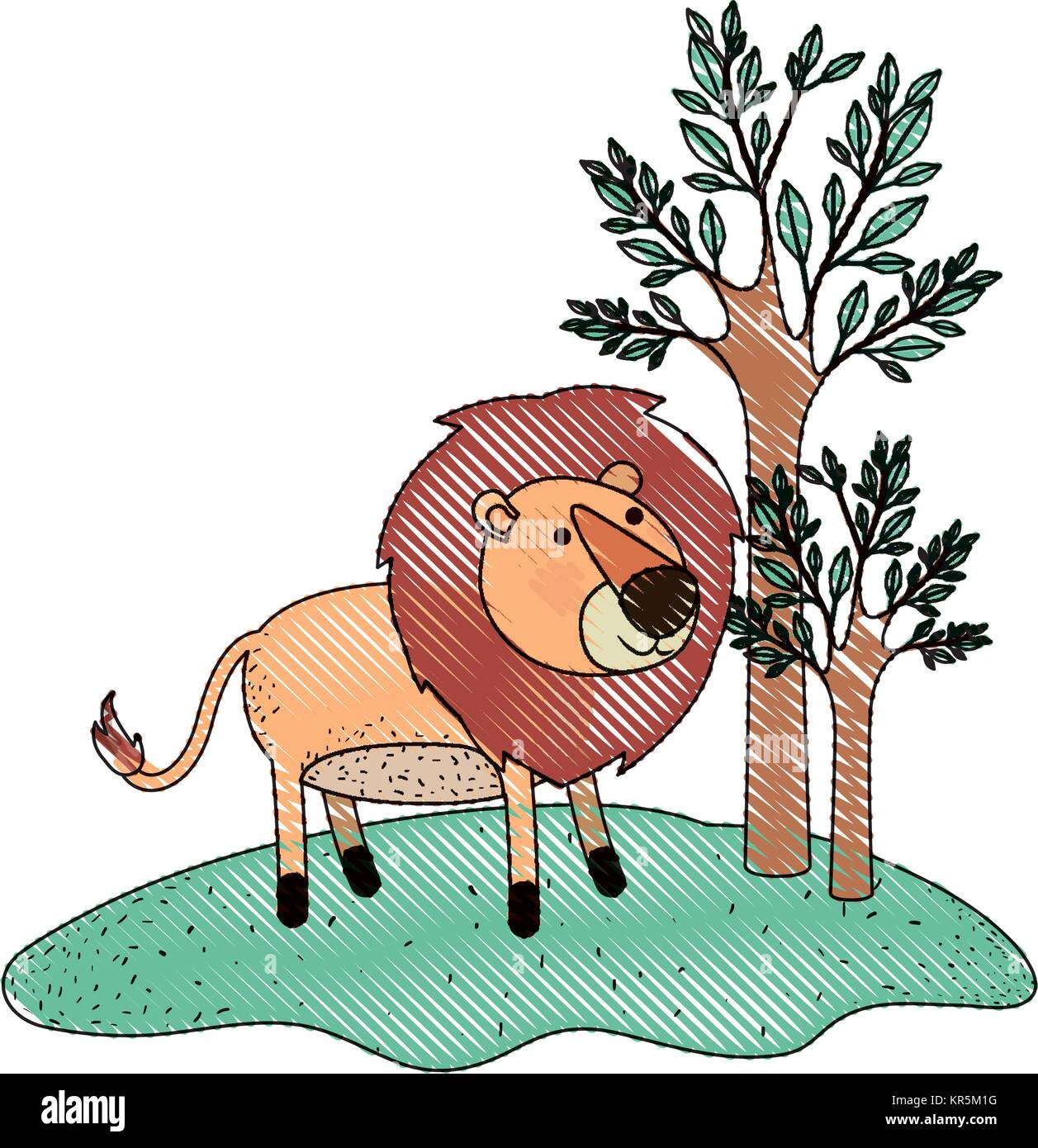 lion cartoon in forest next to the trees in colored crayon silhouette ...