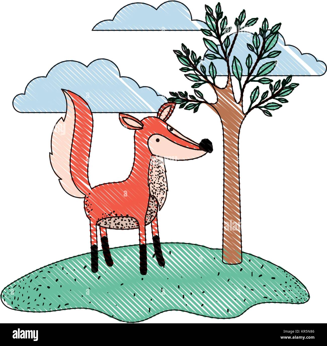 fox cartoon in outdoor scene with tree and clouds in colored crayon ...