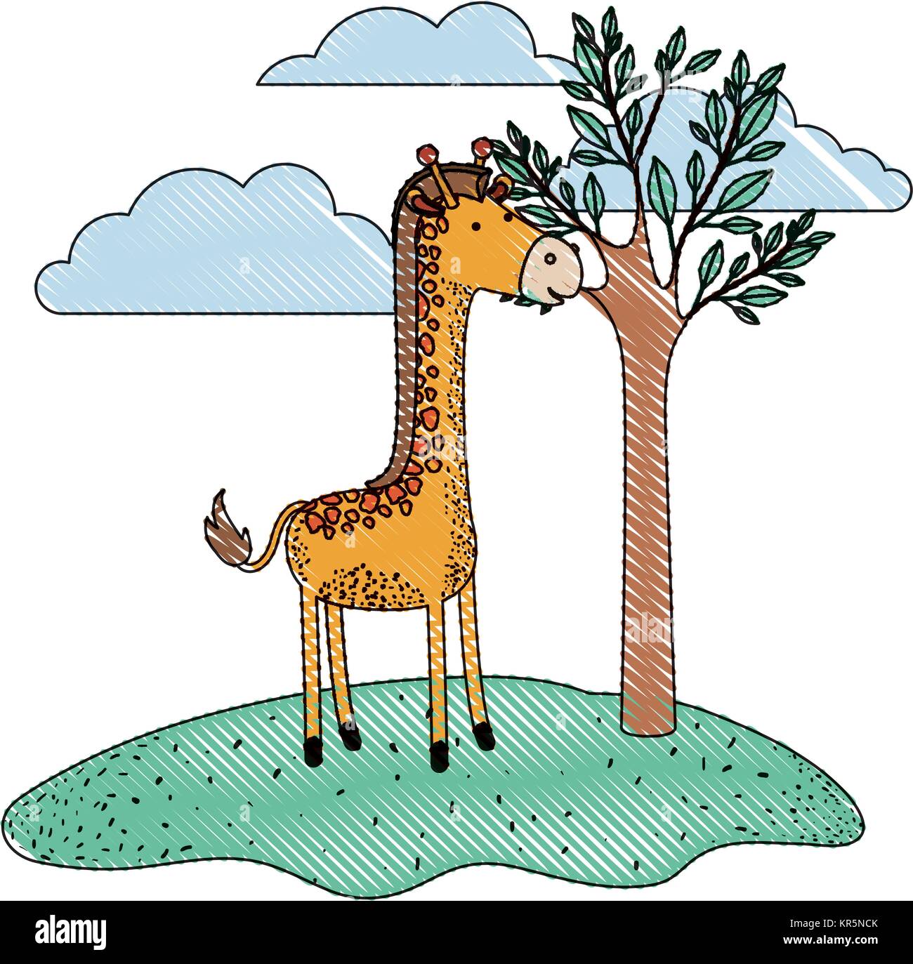 giraffe cartoon in outdoor scene with tree and clouds in colored crayon ...