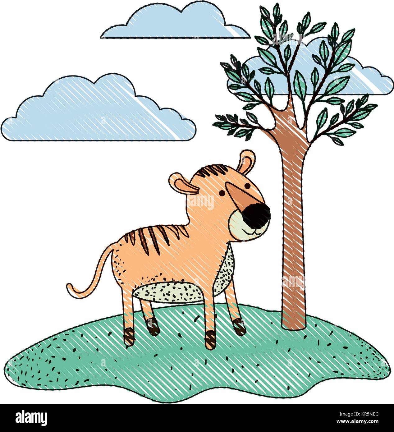 tiger cartoon in outdoor scene with tree and clouds in colored crayon ...