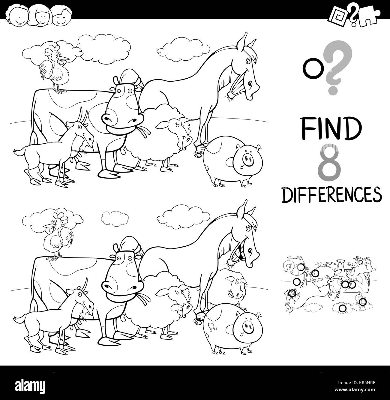 Black and White Cartoon Illustration of Finding Differences Between Two ...