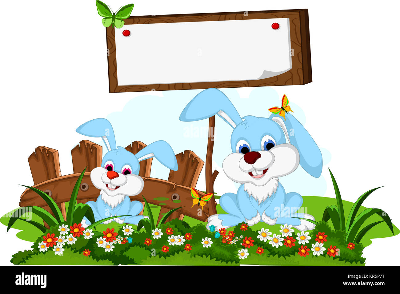 two rabbit cartoon posing with blank sign Stock Photo - Alamy