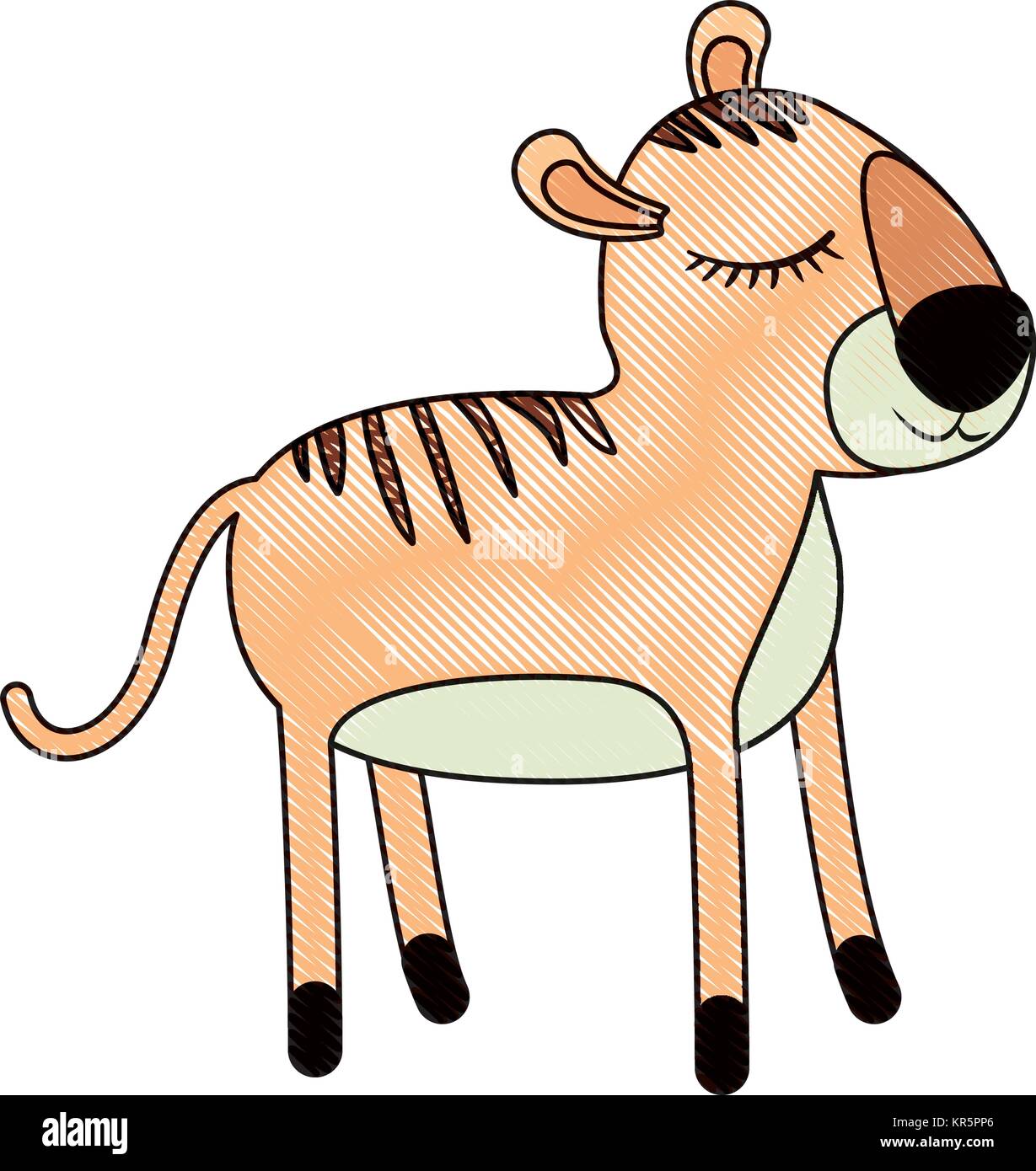 female tiger cartoon with closed eyes expression in colored crayon ...