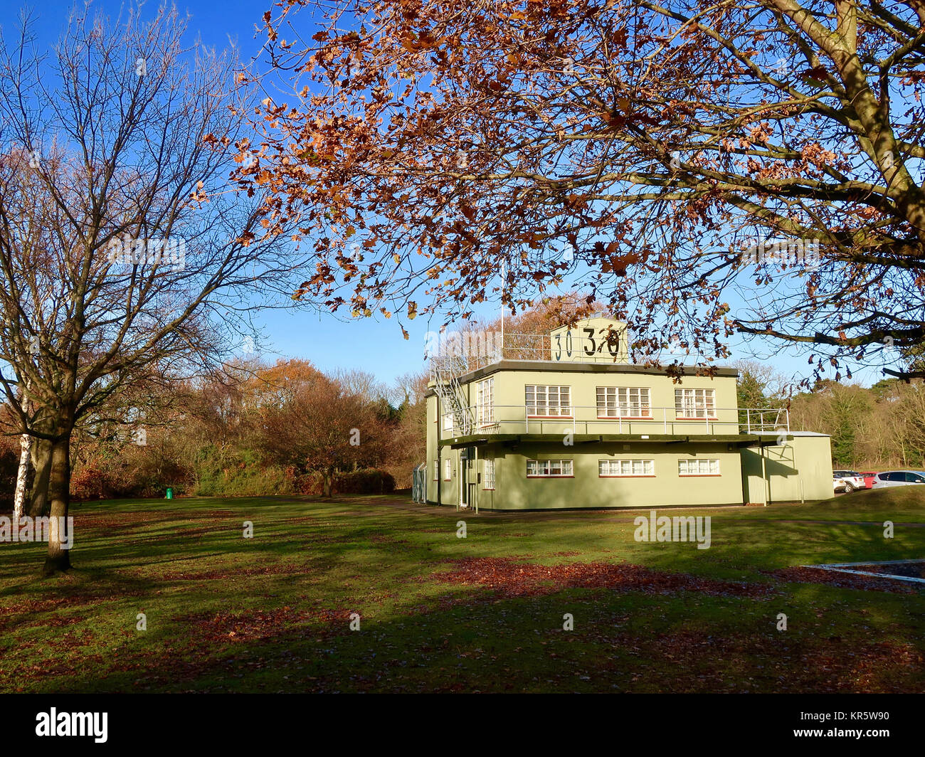 Bright warm winter morning at the old RAF control tower in Martlesham ...