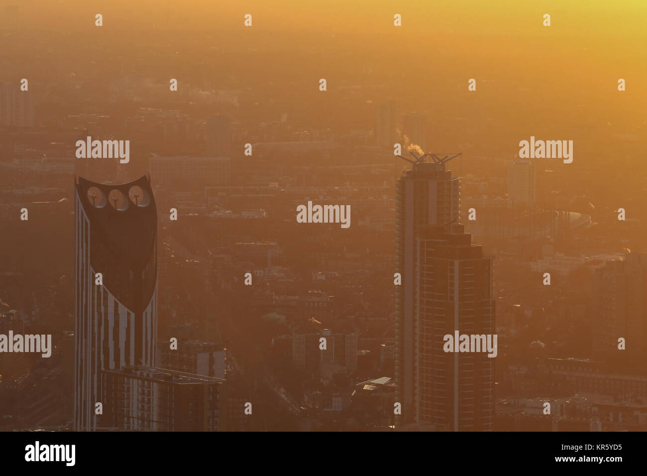 London. UK 18 Dec 2017 - An aerial view of South London as the golden ...