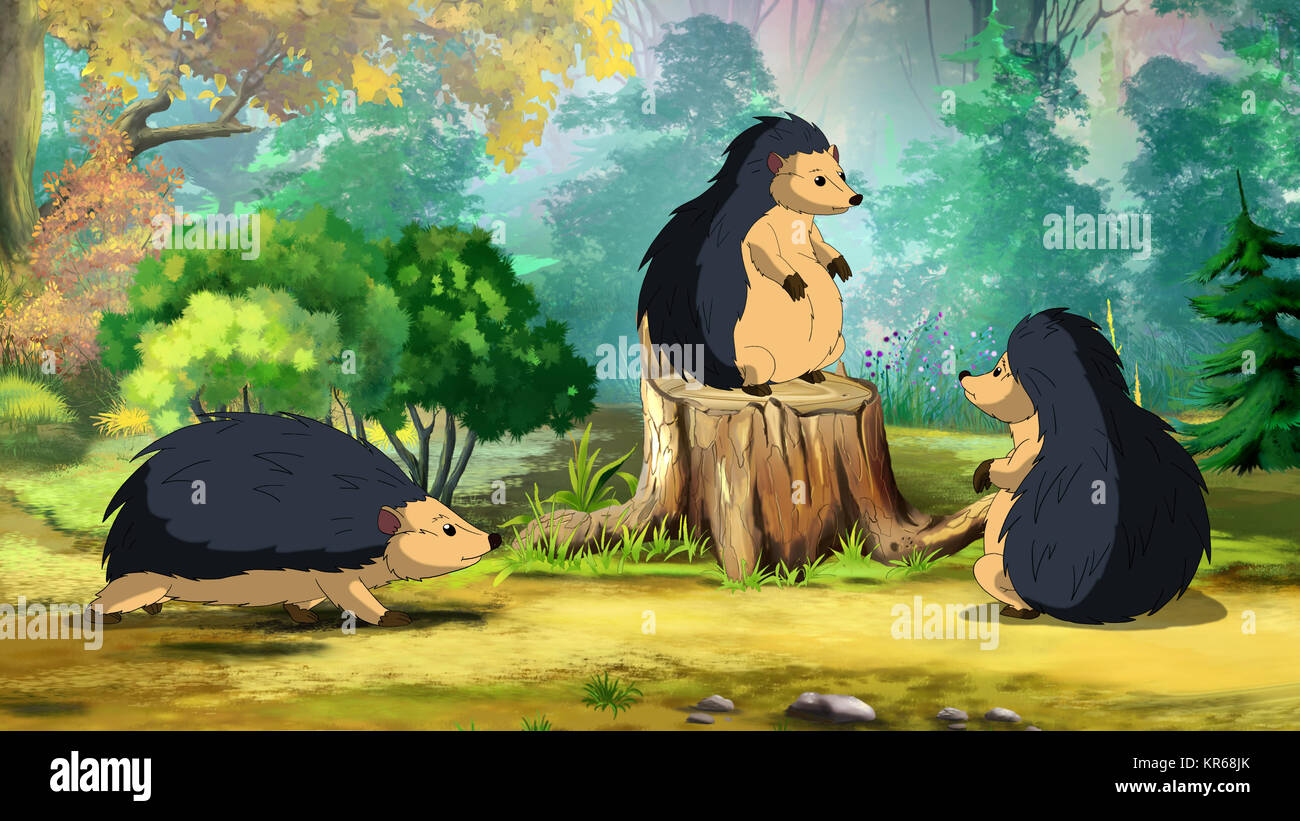 Three Hedgehogs on a Sunny Forest Glade Stock Photo - Alamy