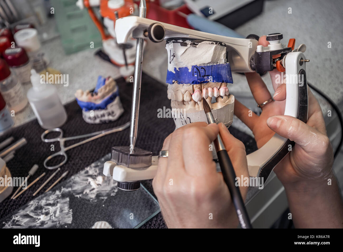 Dental technician painting denture Stock Photo - Alamy