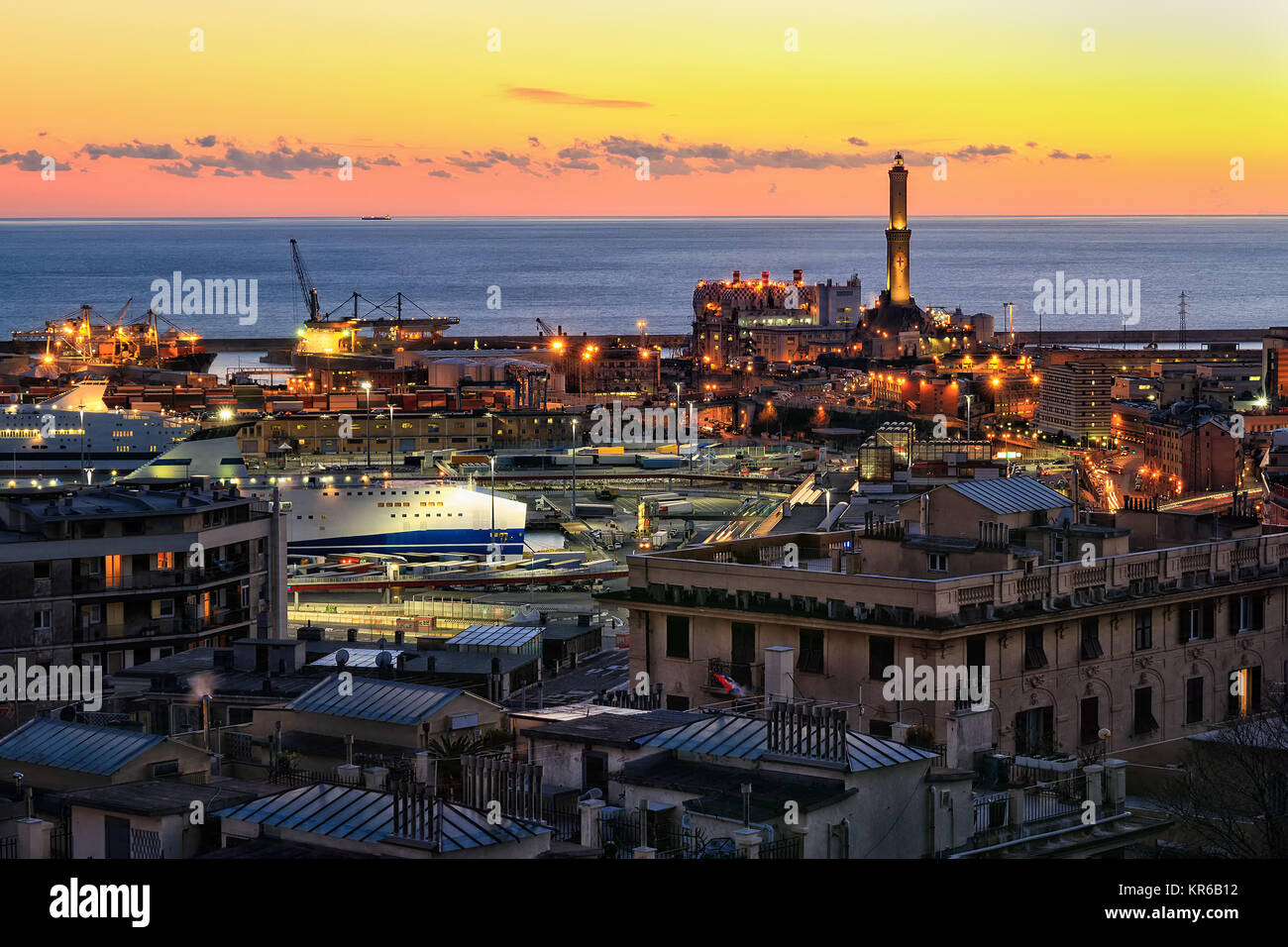 view of Genoa harbor at sunset Stock Photo - Alamy