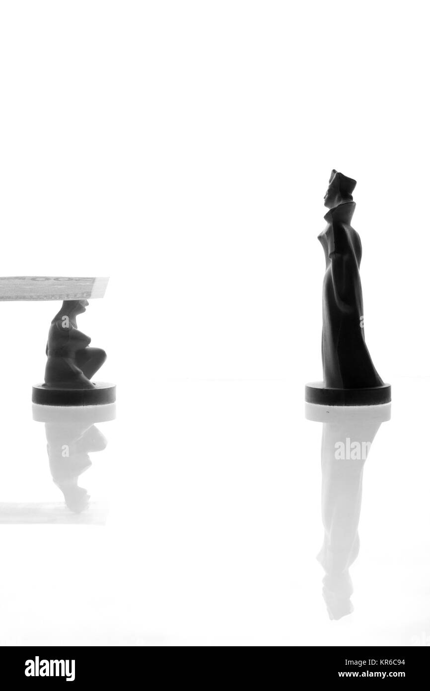 three chess pawn man in armor holding banknote on white background ...