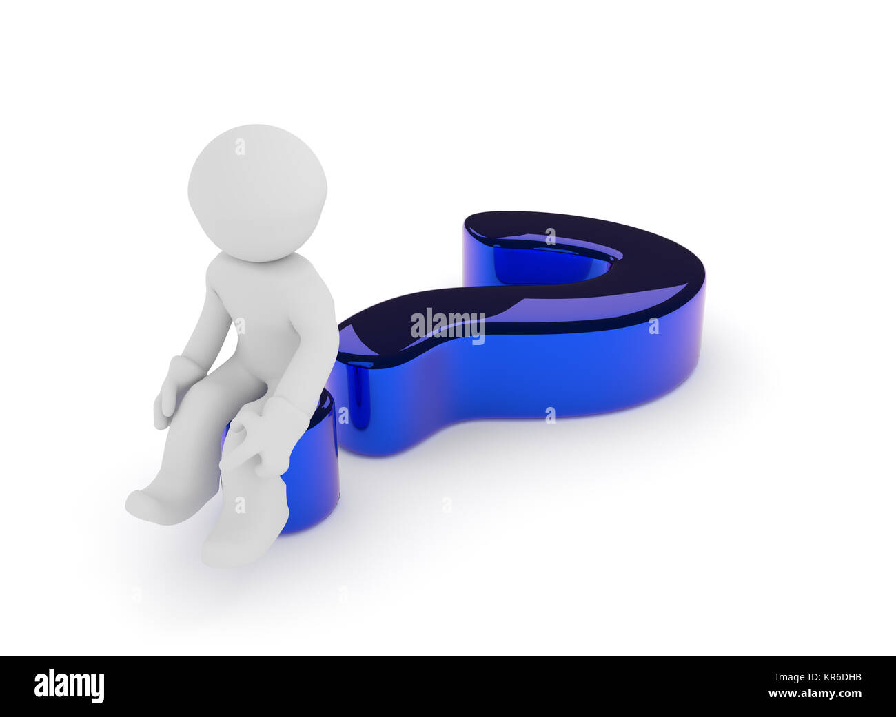 Small character sitting on a glossy blue question mark on a white ...
