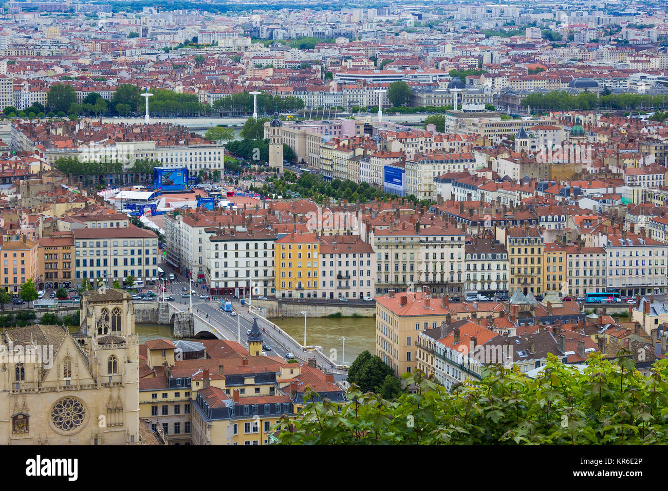 Lyon, France - June 16, 2016: aerial view of the city panorama with fan ...