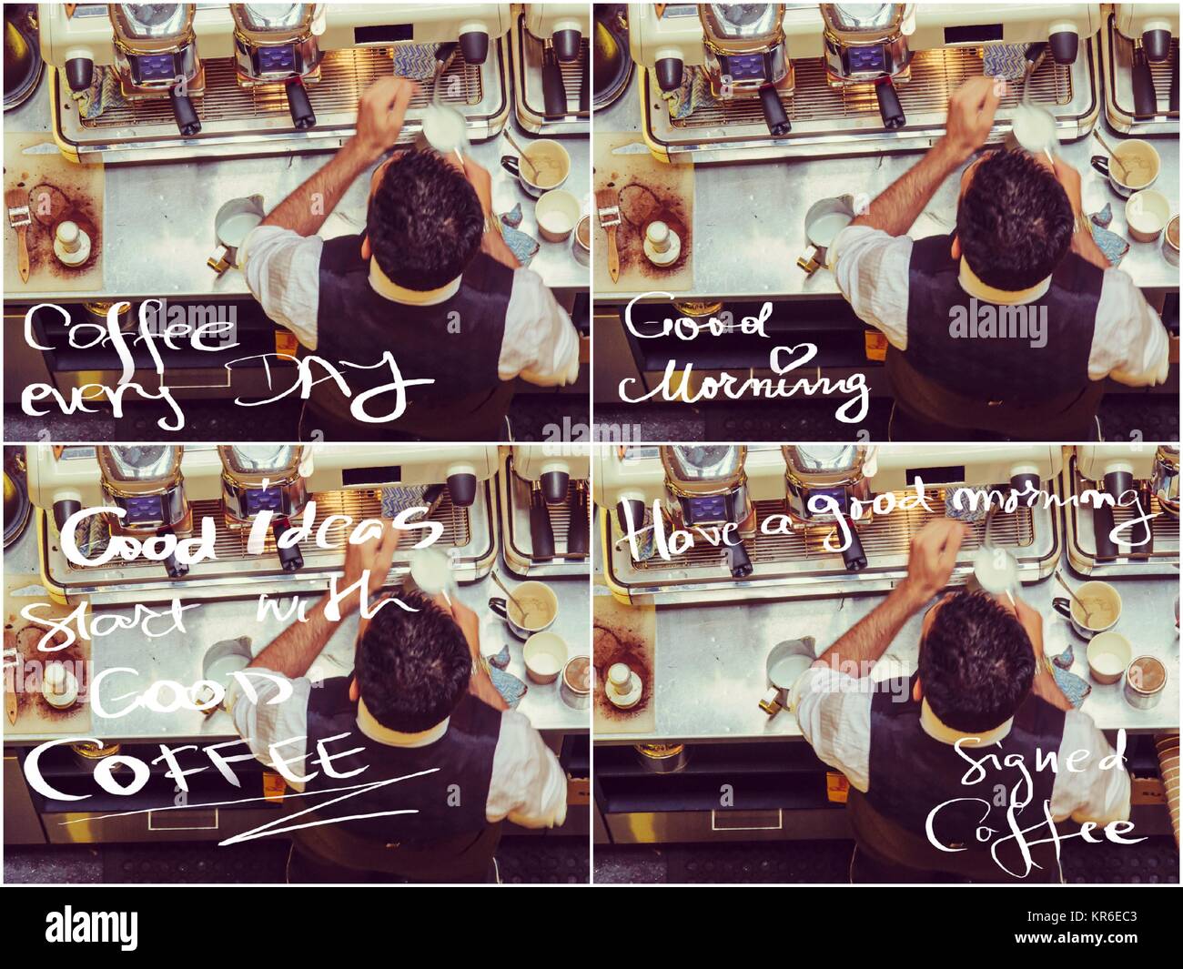 Photo collage of Barista and coffee machines, vintage filter applied ...