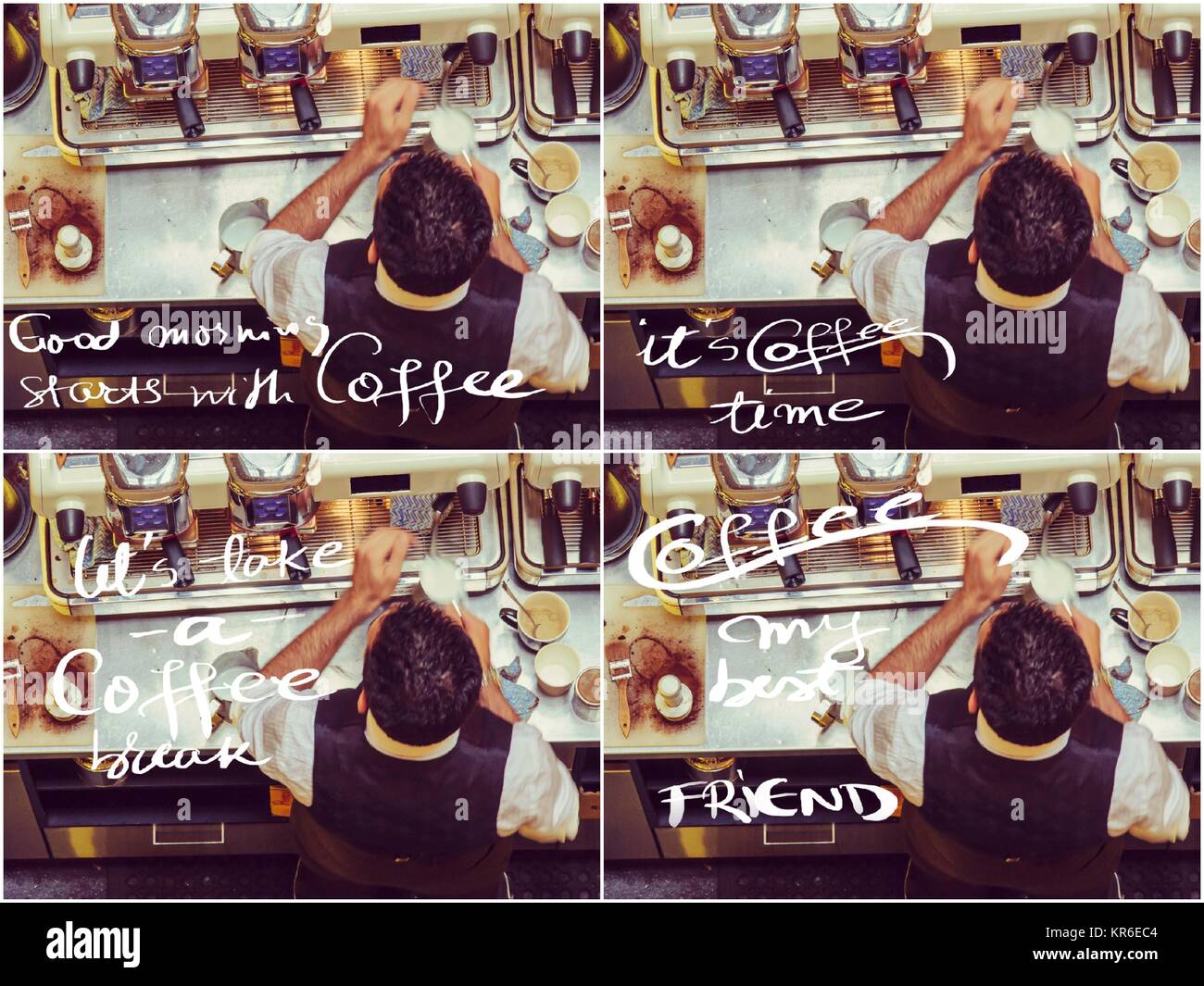 Photo collage of Barista and coffee machines, vintage filter applied ...