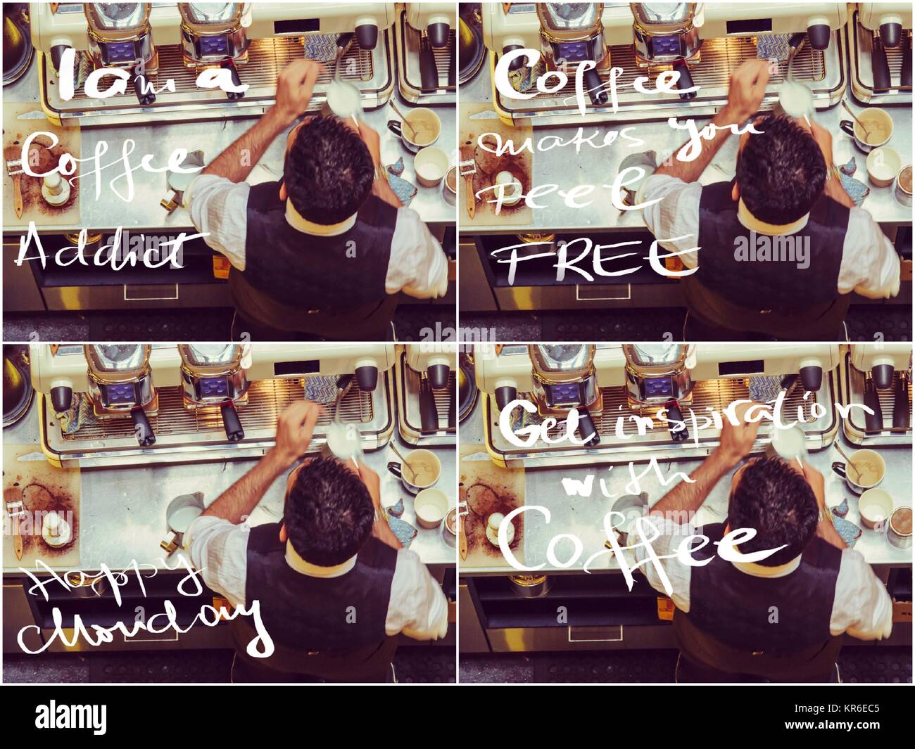 Photo collage of Barista and coffee machines, vintage filter applied ...