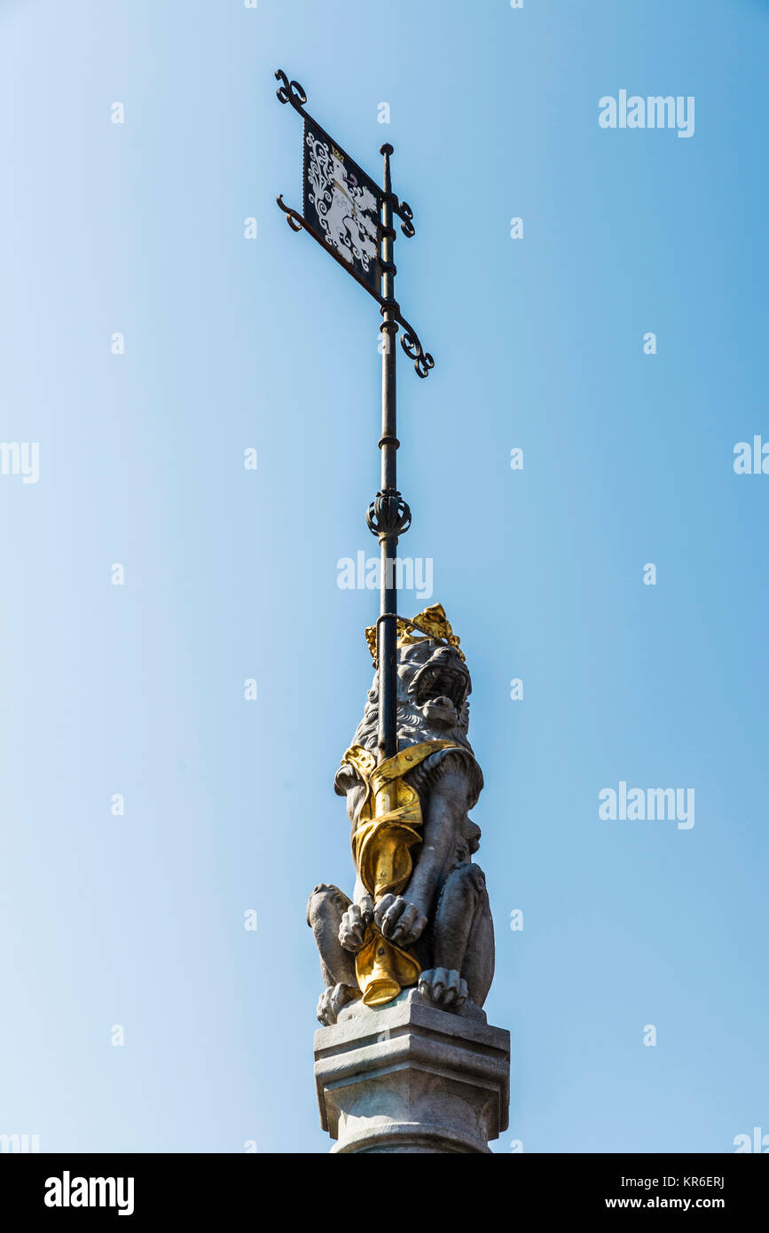 Statue in the shape of a lion in the medieval city of Ghent, Belgium ...