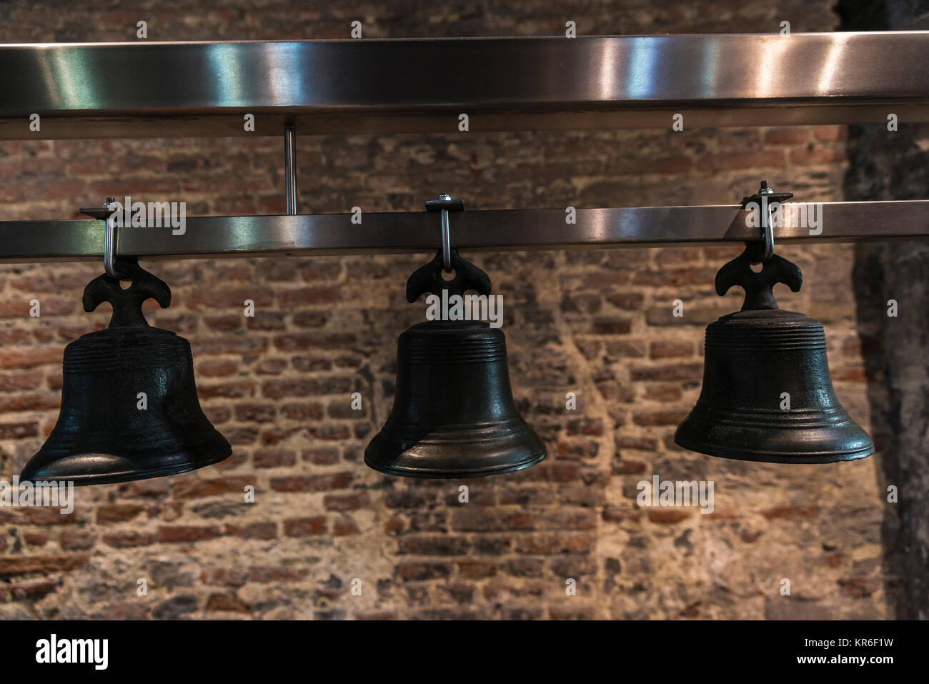 Bells of the bell tower carillon (Belfry) in an old historic center of ...