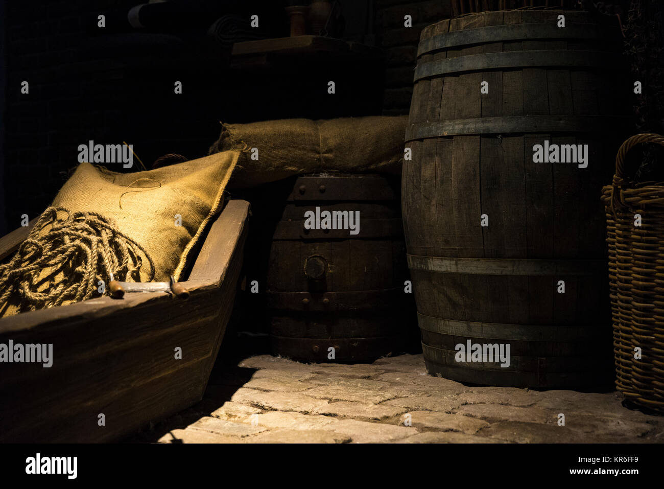 Groceries in sacks and barrels in a medieval warehouse in Europe Stock ...