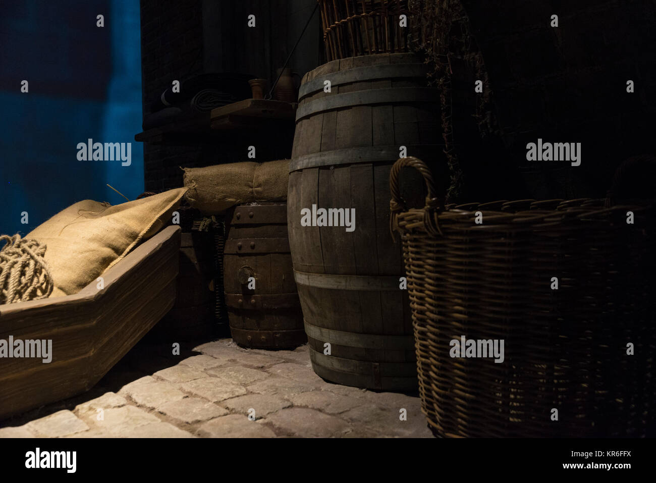 Groceries in sacks and barrels in a medieval warehouse in Europe Stock ...