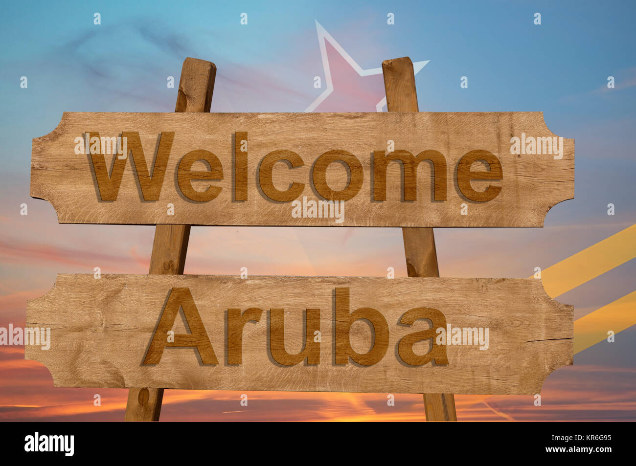 welcome to aruba sing on wood background with blending national flag ...