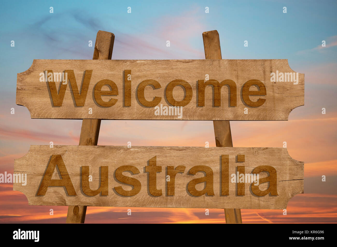 welcome to australia sing on wood background Stock Photo - Alamy