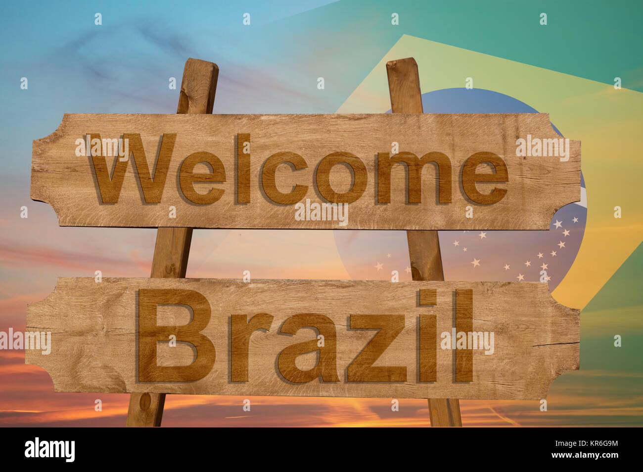 welcome to brazil sing on wood background with blending national flag ...