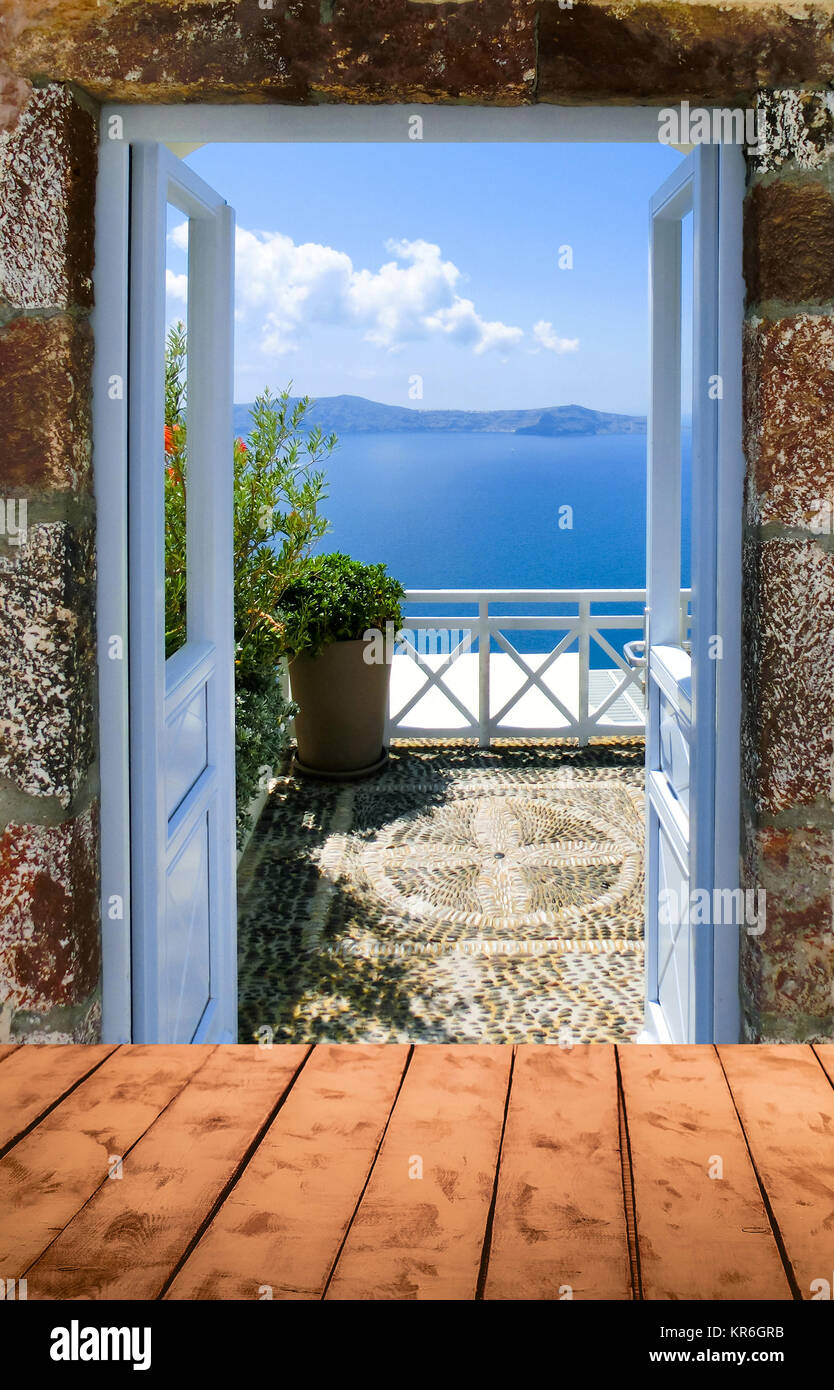 Beautiful sea view from the balcony. Santorini island, Greece Stock ...