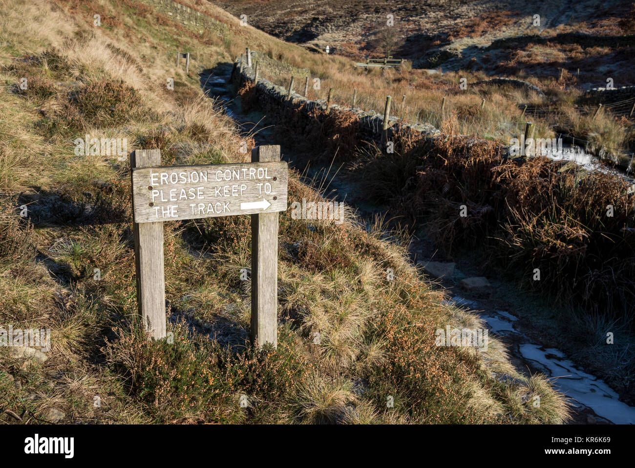Erosion control sign beside Kinder reservoir in the Peak District ...