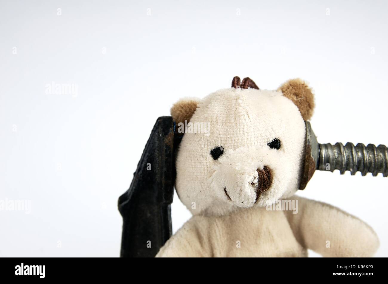Clamp on the head teddy bear toy Stock Photo - Alamy