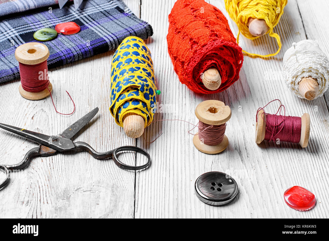 Set of tailor from the spool of lace,scissors,thread and buttons Stock ...