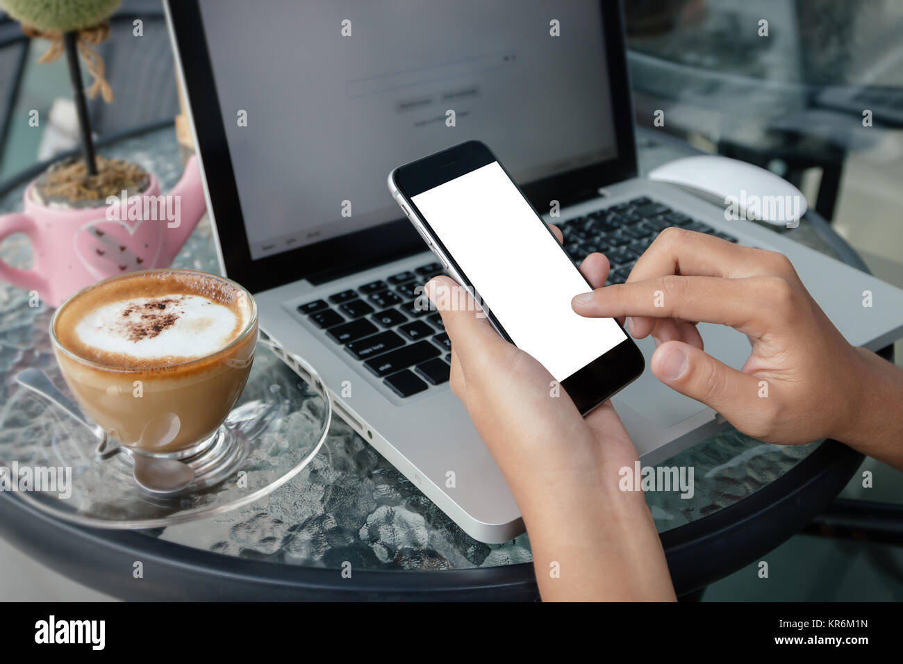 close up hand use phone in coffee shop Stock Photo - Alamy