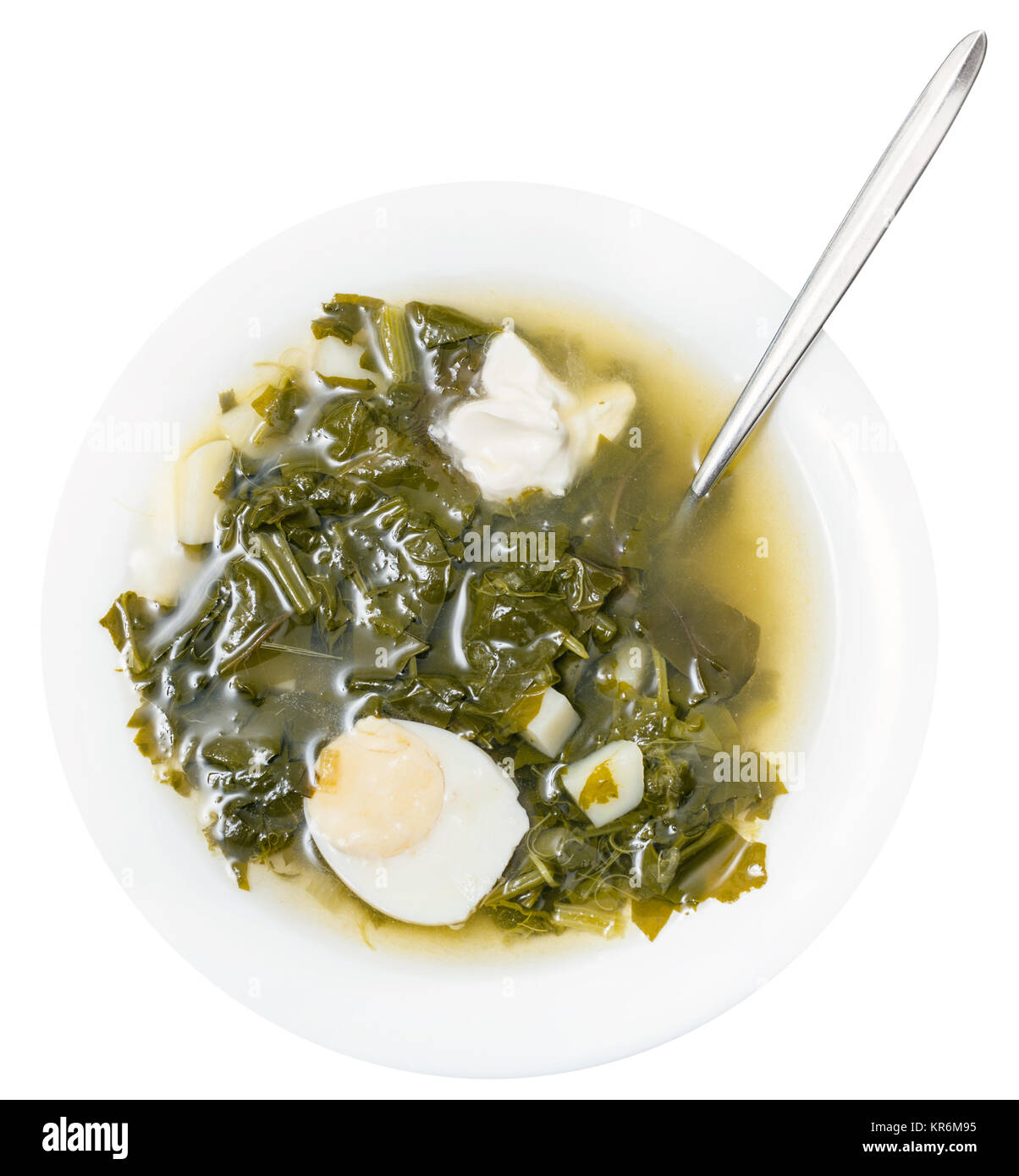 top view of soup in plate with spoon from greens Stock Photo - Alamy