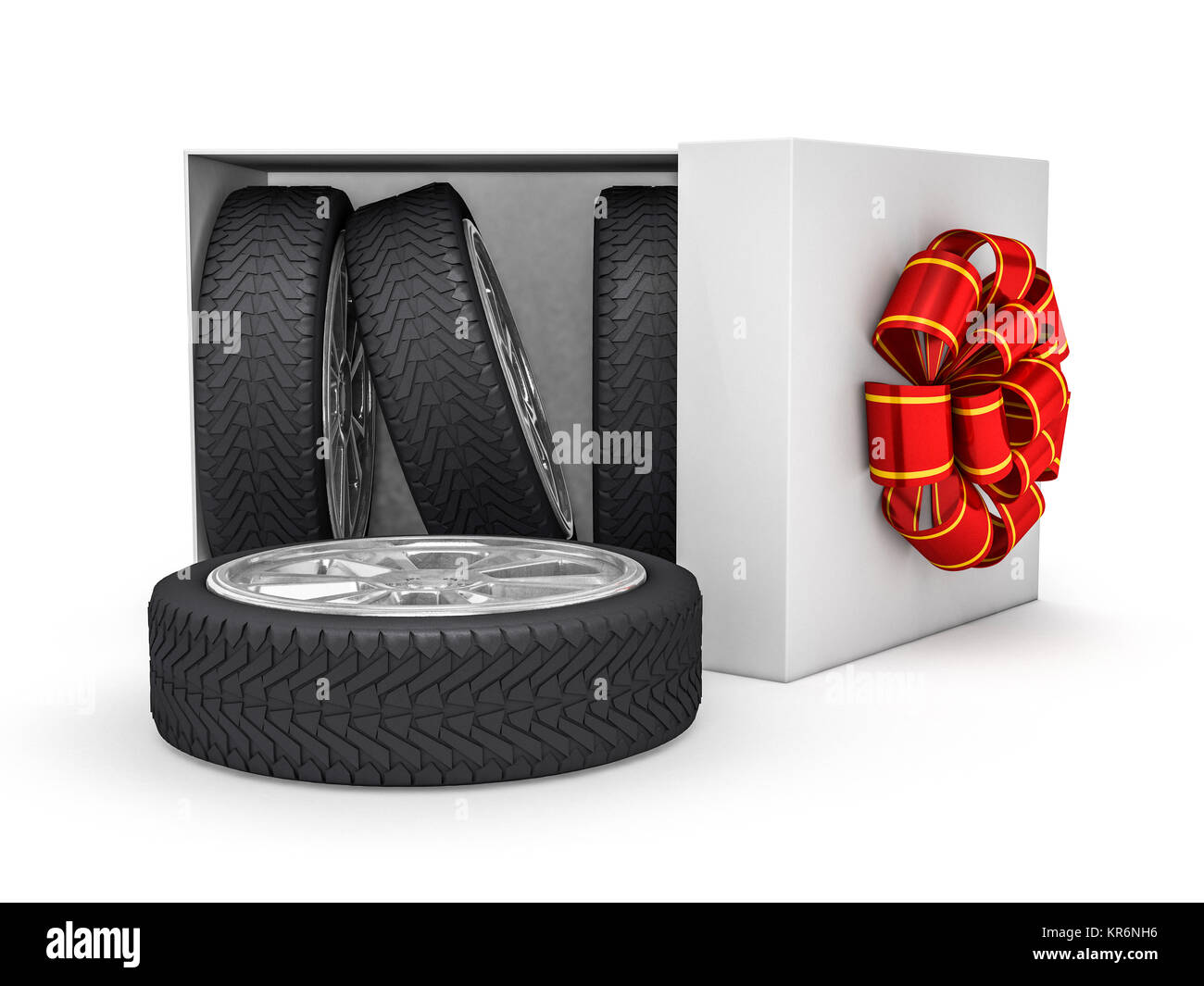 Gift box with tyres and wheels. 3D rendering Stock Photo - Alamy