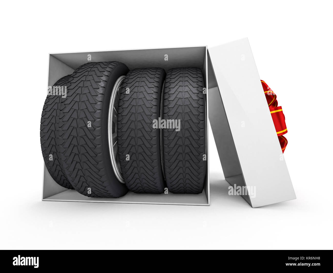 Gift box with tyres and wheels. 3D rendering Stock Photo - Alamy
