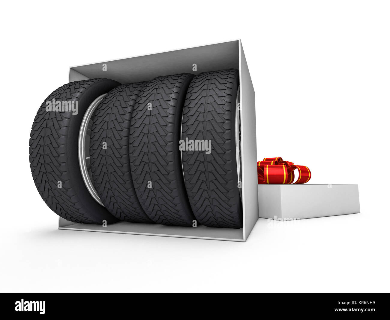 Gift box with tyres and wheels. 3D rendering Stock Photo - Alamy