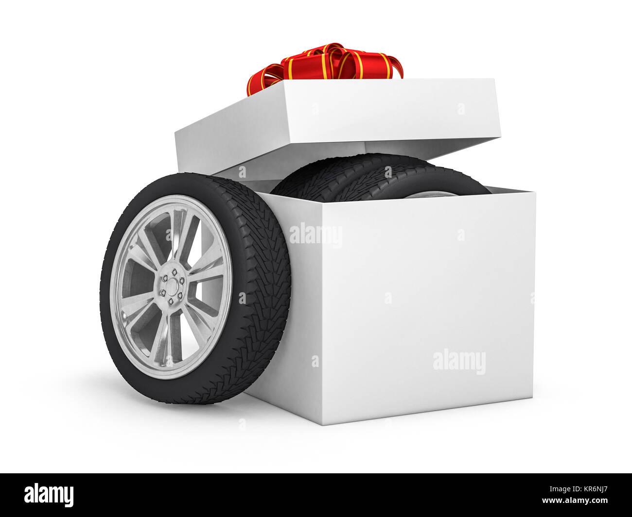 Gift box with tyres and wheels. 3D rendering Stock Photo - Alamy