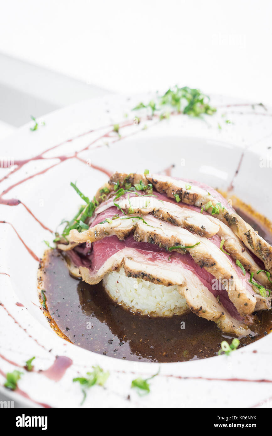 gourmet cuisine rare roast beef in traditional gravy sauce meal Stock ...