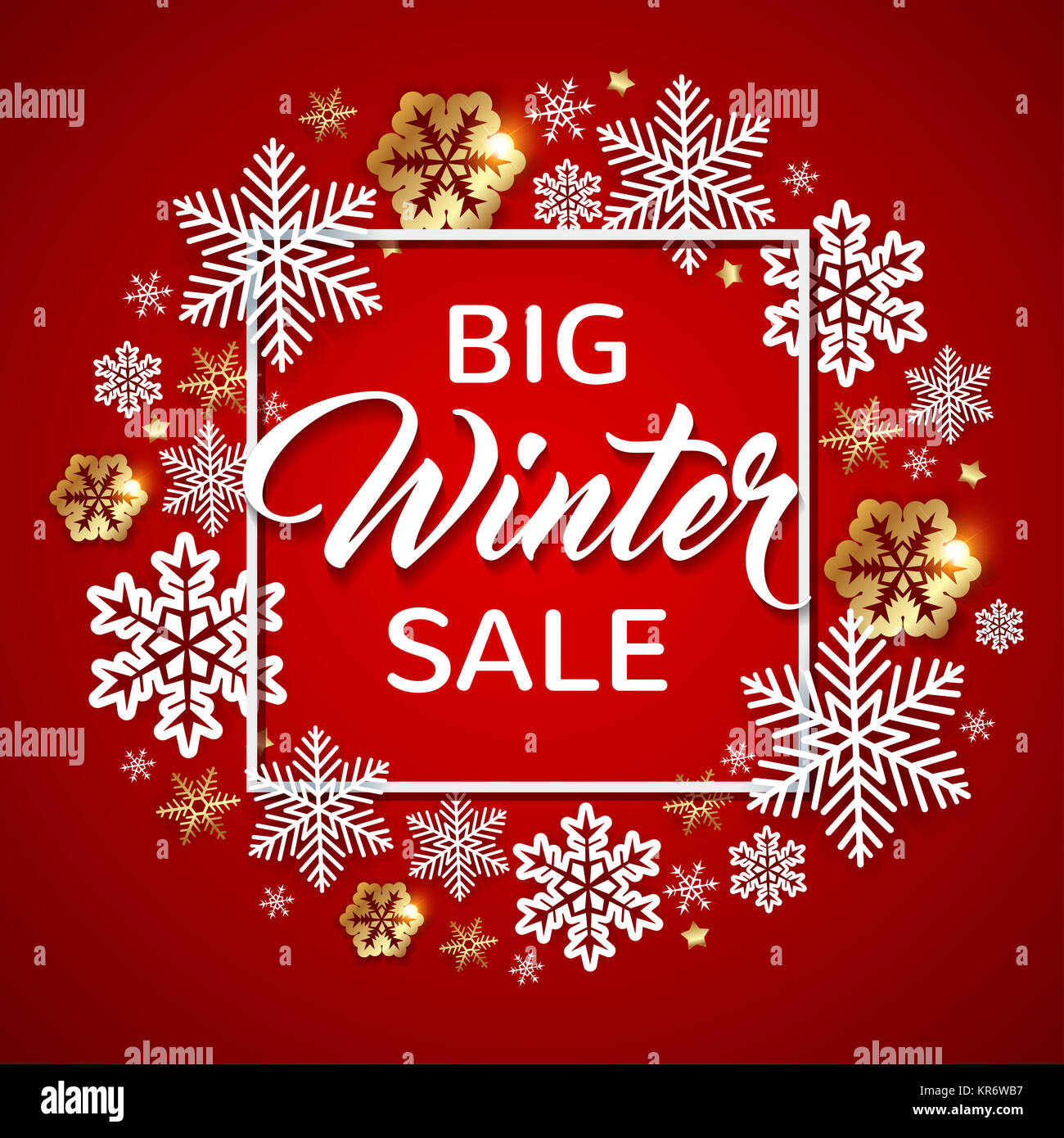 Decorative winter frame with white and golden snowflakes on a red ...