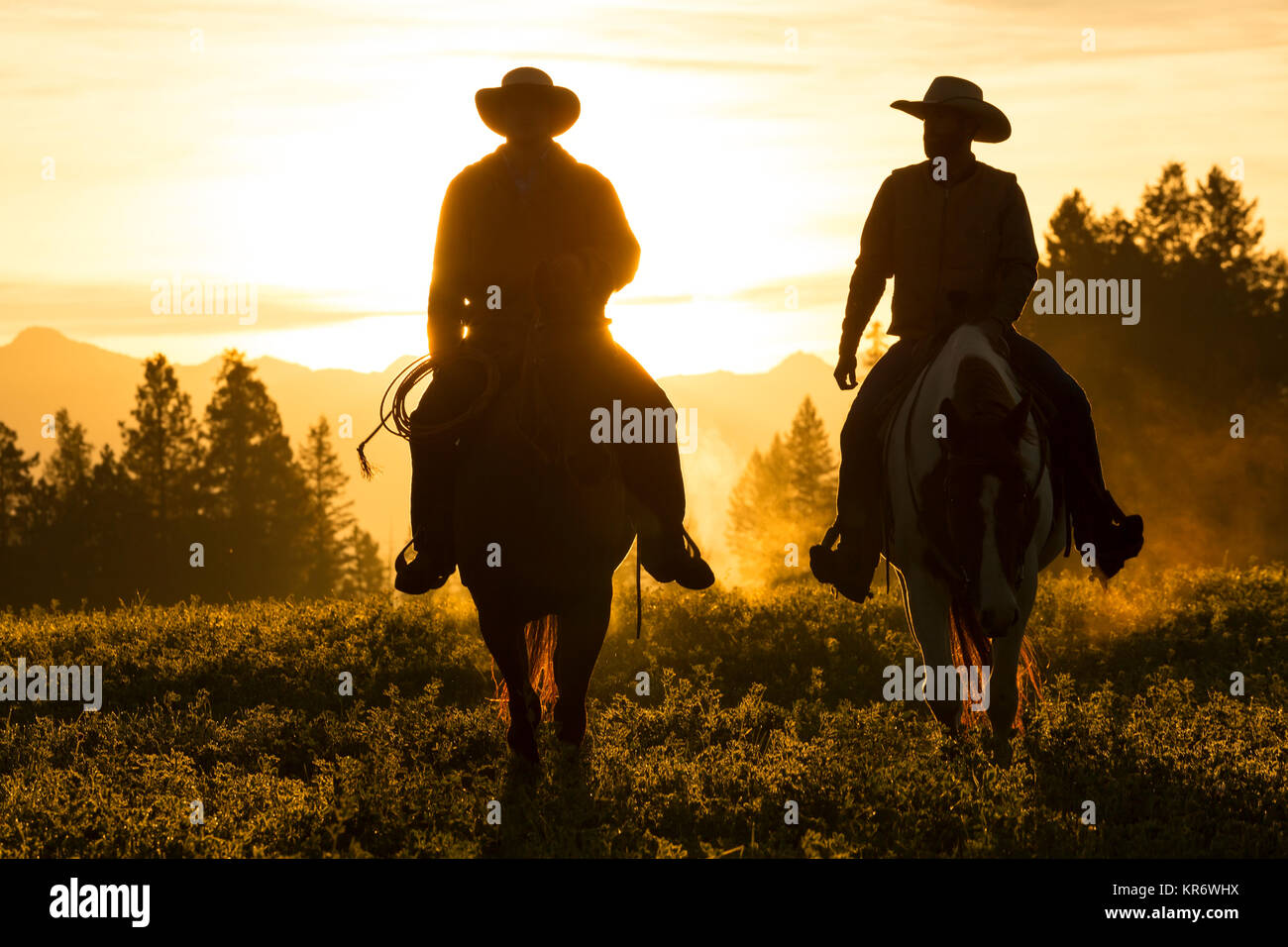 Two cowboys riding on horseback in a Prairie landscape at sunset Stock ...