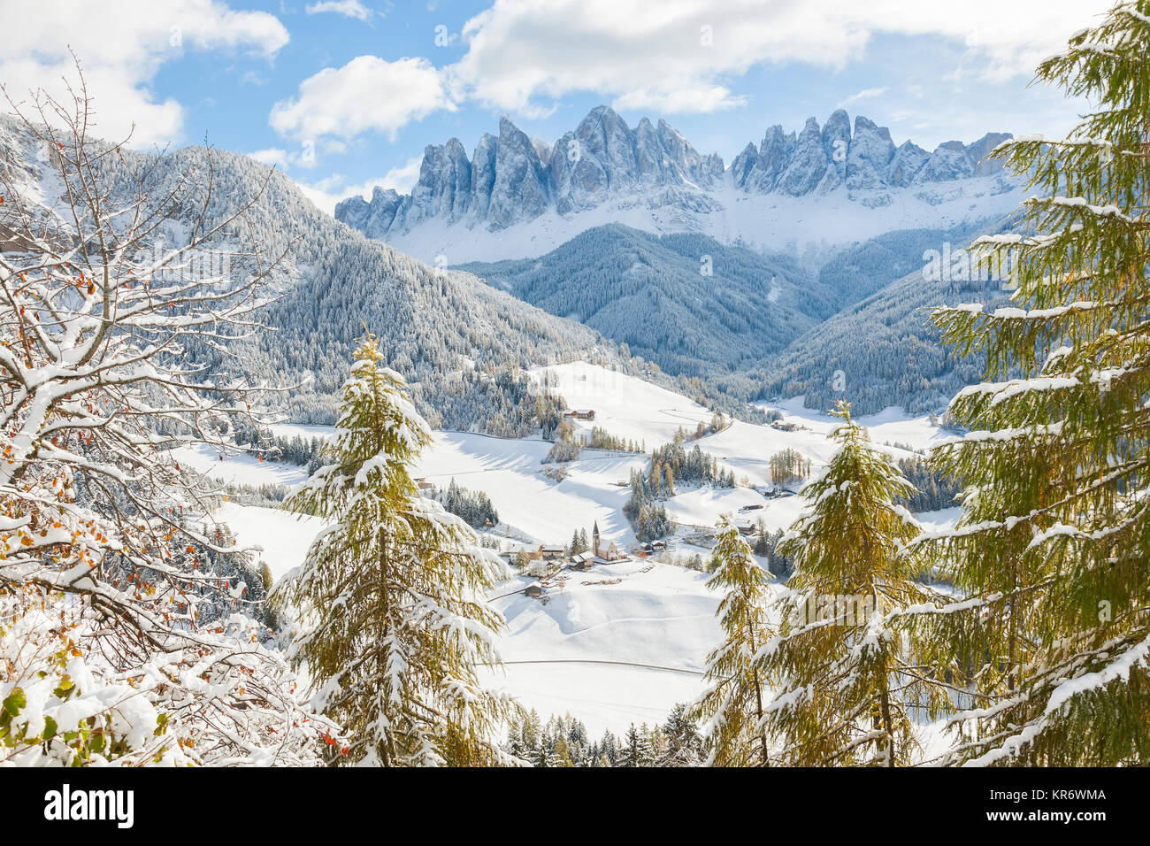 Winter landscape with valley, forest and snow-capped mountains Stock ...