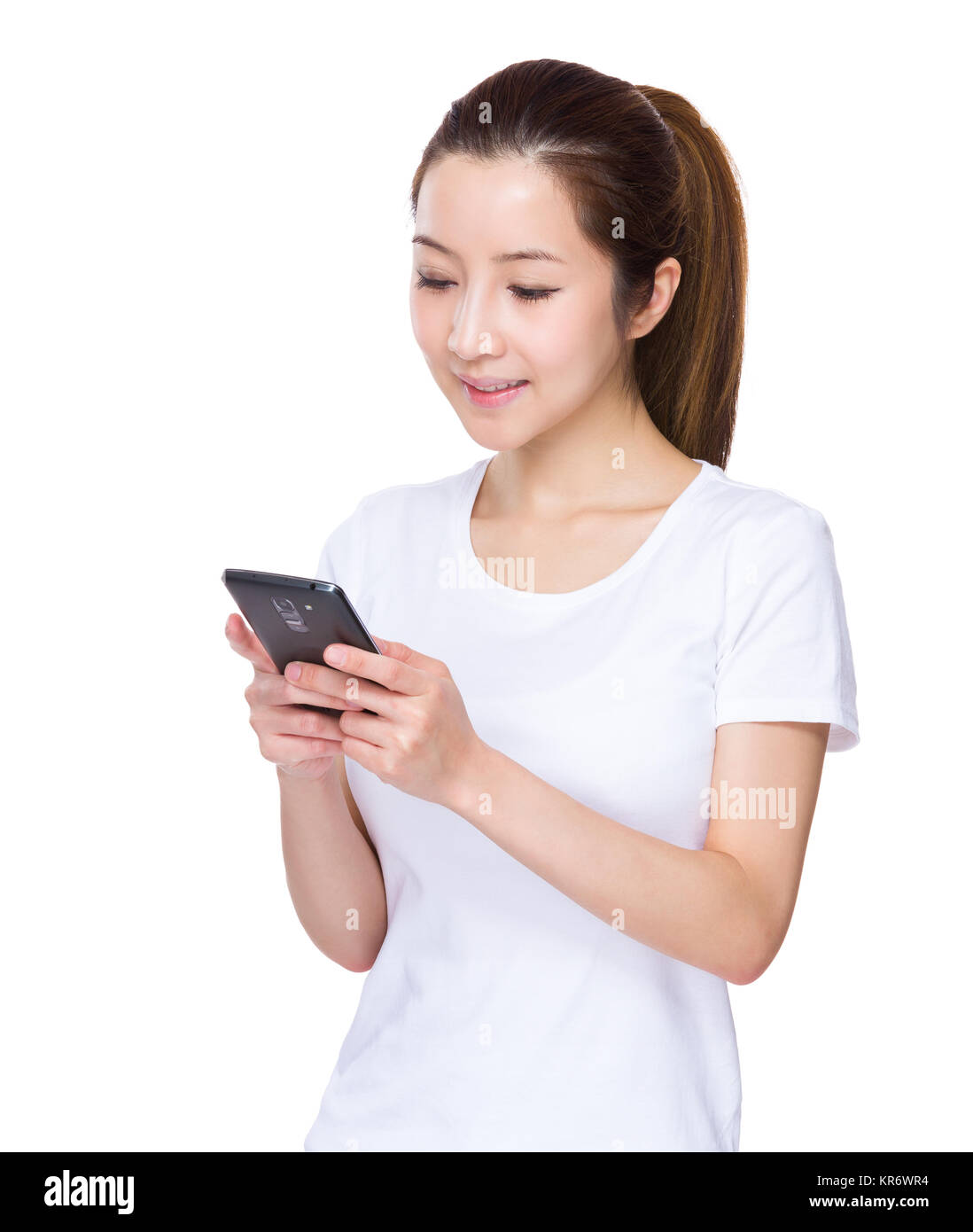Woman read the message on cellphone Stock Photo - Alamy