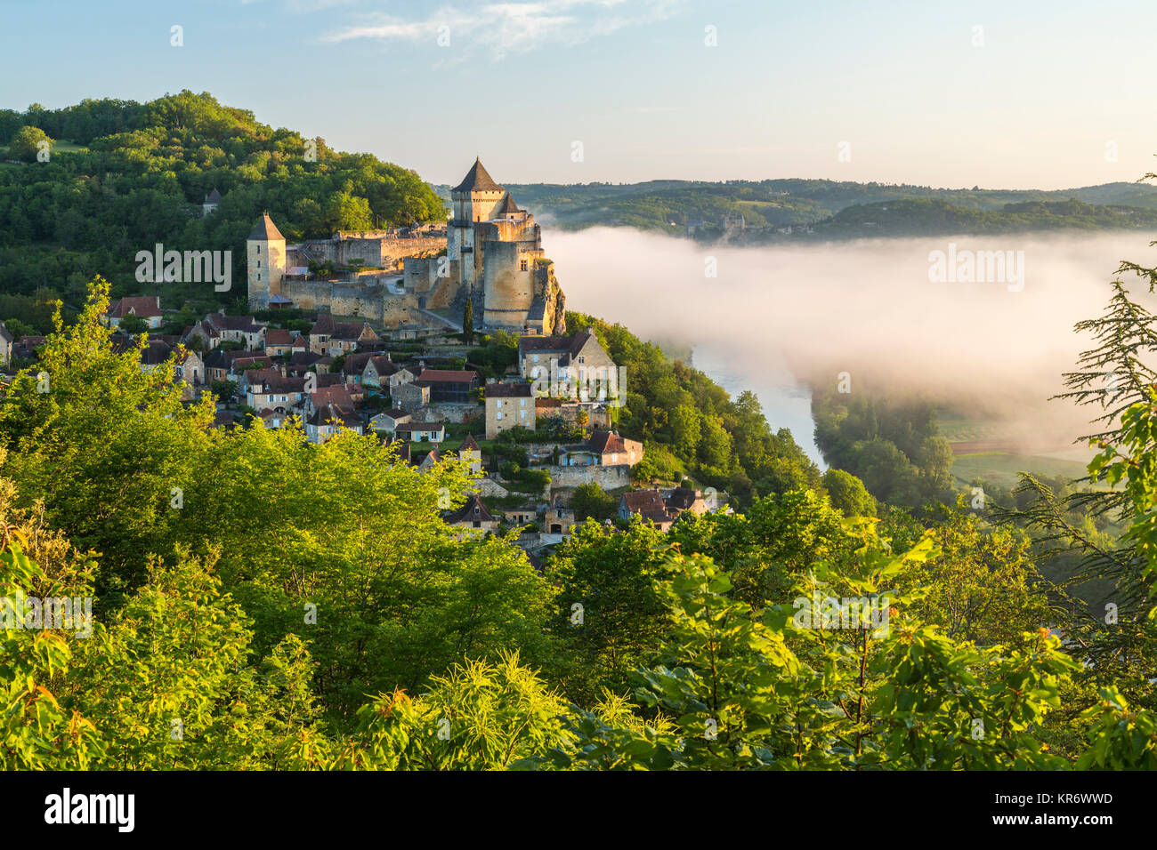 Landscape with forest, settlement and medieval castle on a hill Stock ...