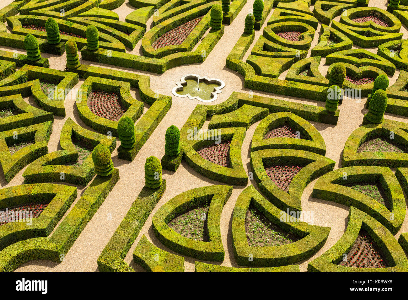 High angle view of parterre in the formal gardens of a baroque chateau ...