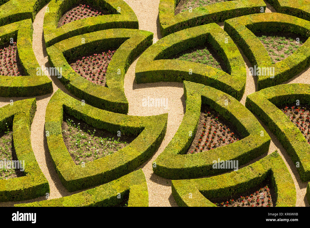 High angle view of parterre in the formal gardens of a baroque chateau ...