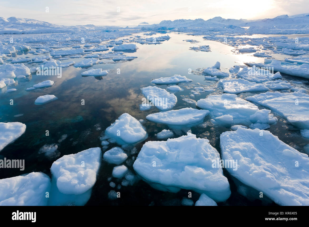 Winter landscape with ice sheets floating on the ocean surface Stock ...