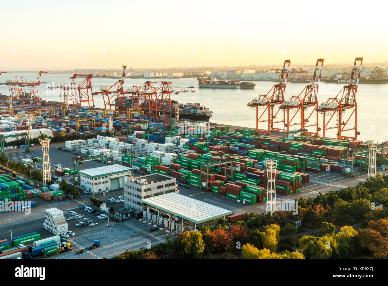 High angle view across freight harbour with stacks of cargo containers ...